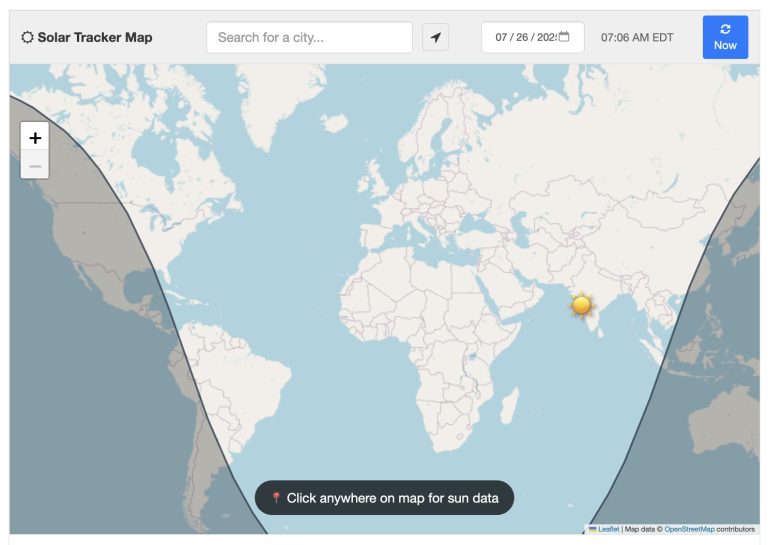 Solar Tracker Map - Real-Time Sun Position & Day/Night Visualization
