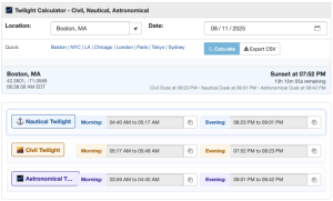 Nautical Twilight Calculator - Marine Navigation and Horizon Visibility Times